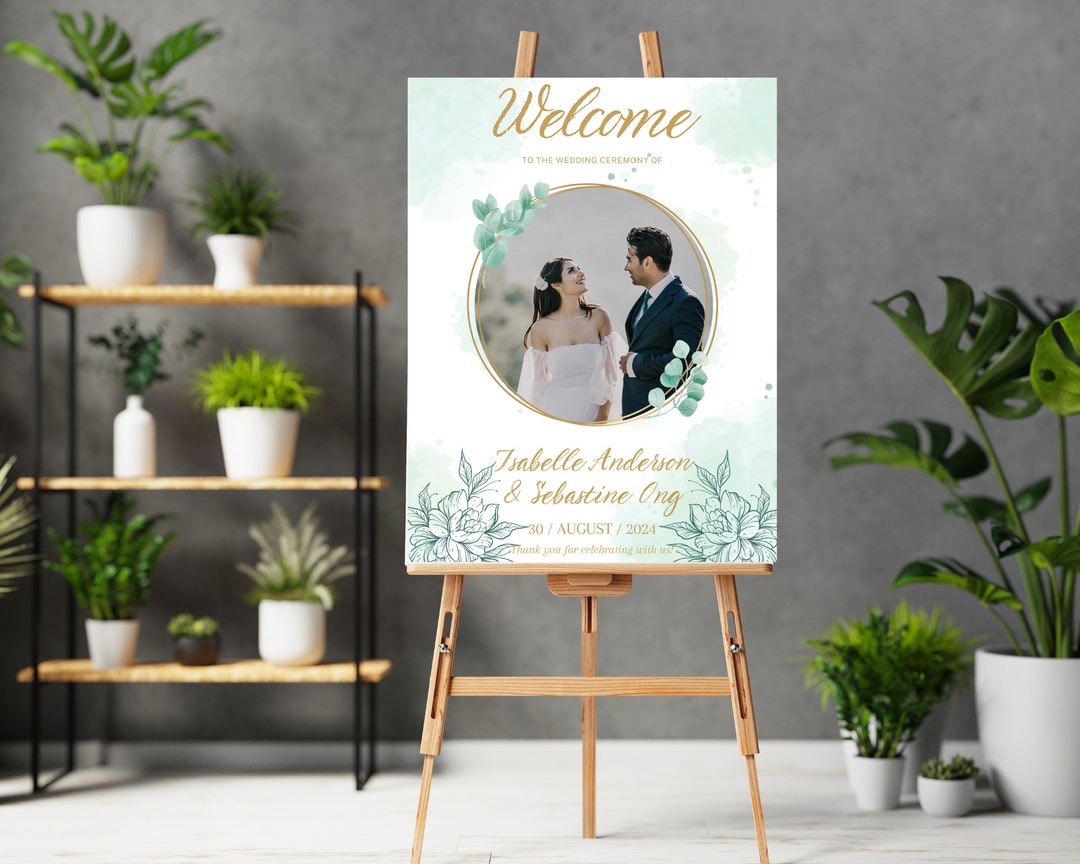 Green Flowery Welcome Sign Wedding Poster With Picture, Wedding Welcome ...
