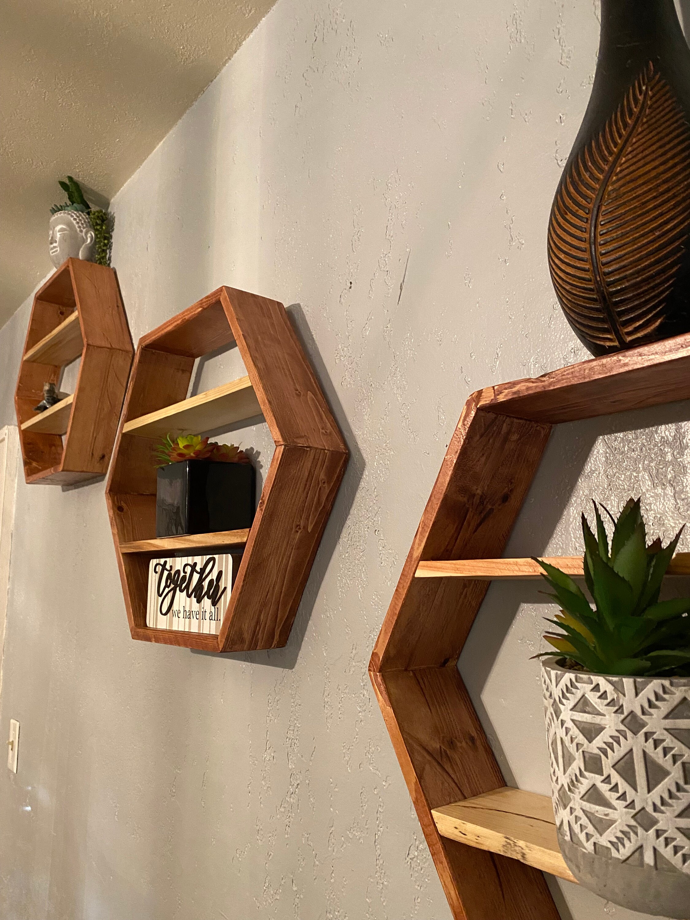 Rustic Wood Hexagon Shelves Modern Floating Wall Decor honeycomb Style ...