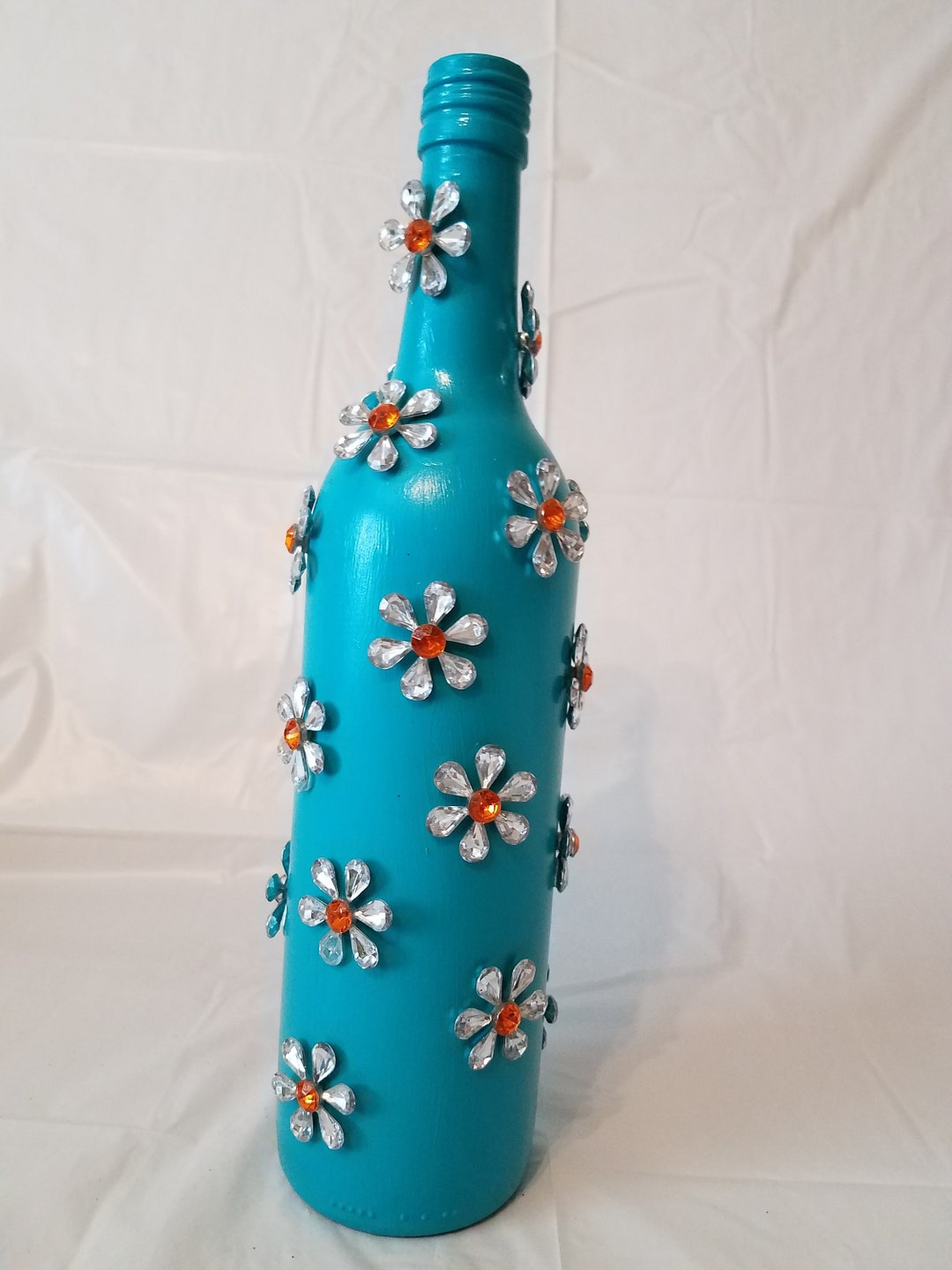Decorated Turquoise Medium Bottle With Glitter Flowers Decorations. - Etsy