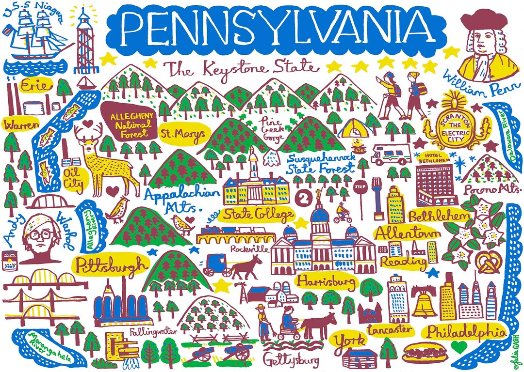 Pennsylvania State Postcard by Julia Gash - Etsy