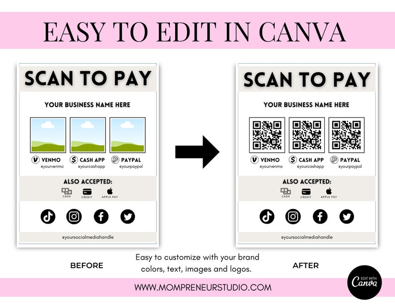 Editable Scan to Pay Sign, QR Code Template (canva) - Etsy
