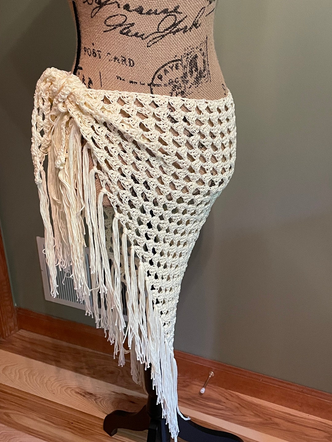 Crochet Fringed Shawl: Boho Beach Sarong, Antique White Cover-up - Etsy