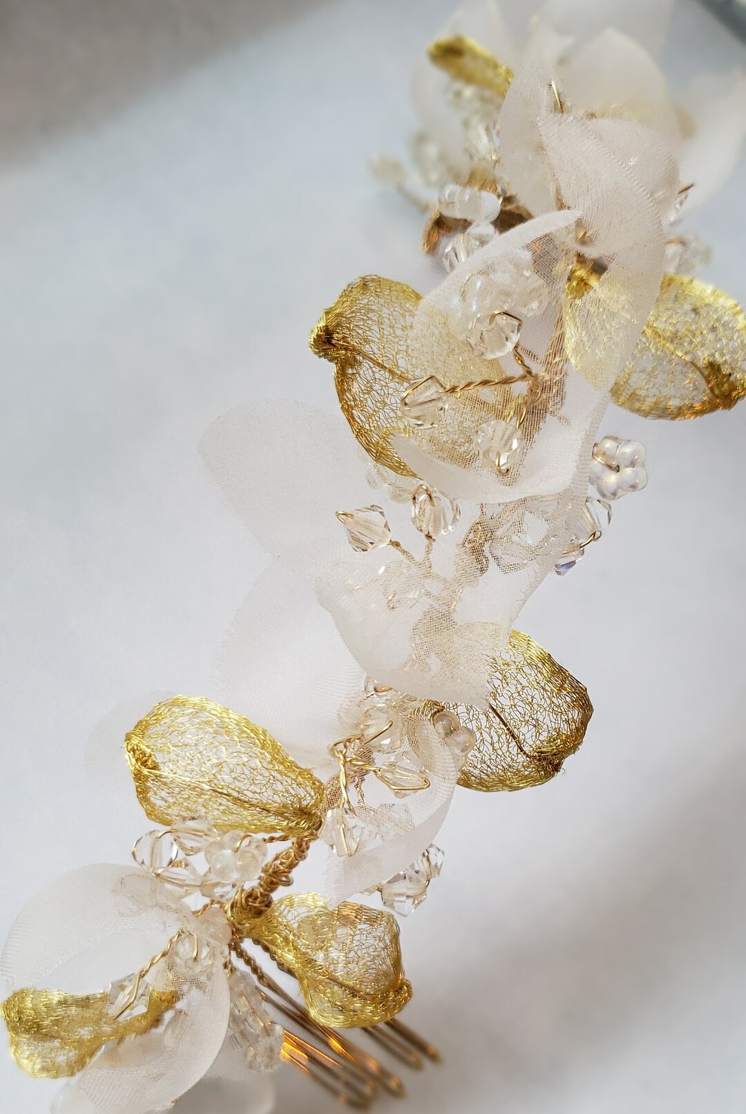 Silk Flower Petals. Handpressed. Gold Mesh Leaves With Vintage Crystal ...