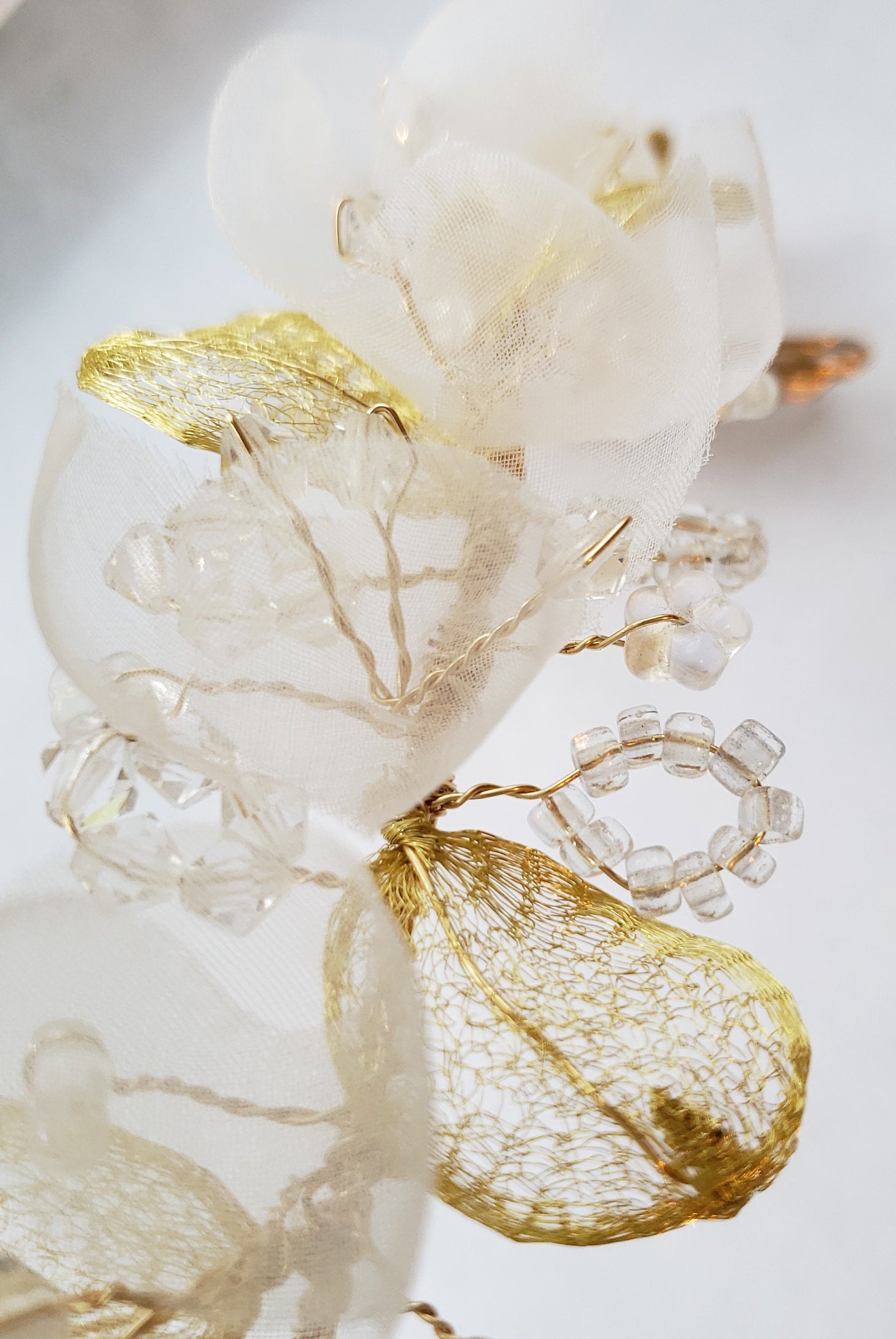 Silk Flower Petals. Handpressed. Gold Mesh Leaves With Vintage Crystal ...