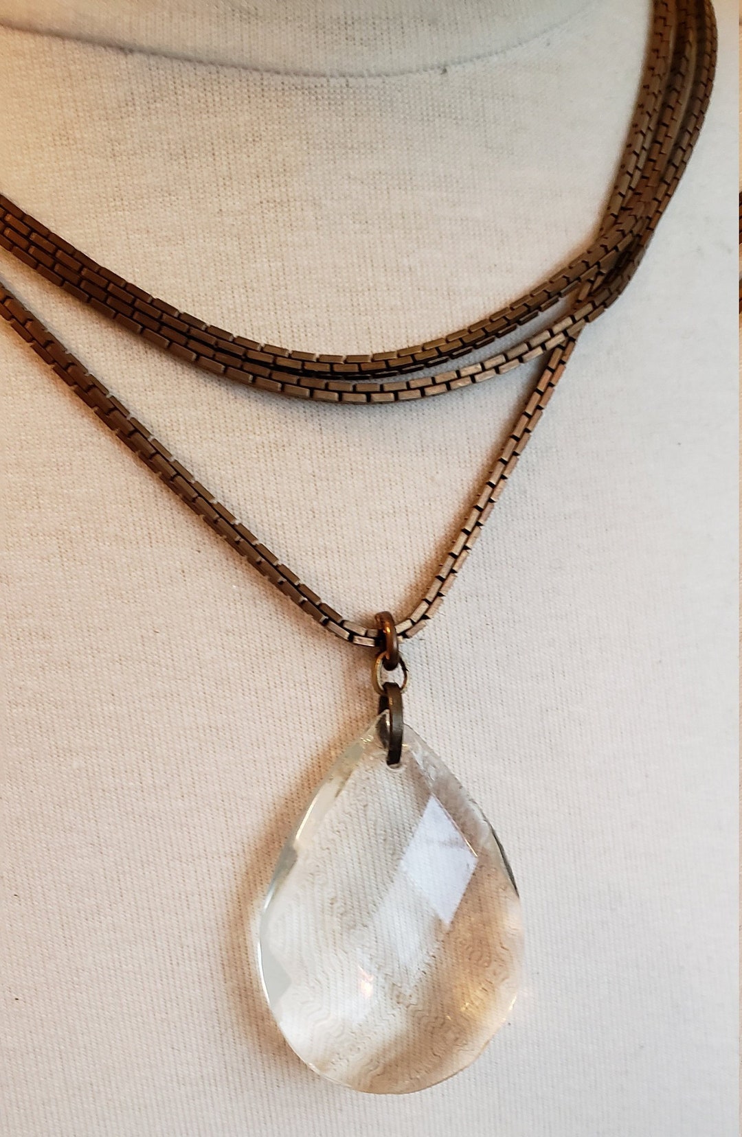 Vintage Brass Tri-Chain Necklace with Large Teardrop Prism. Crystal ...