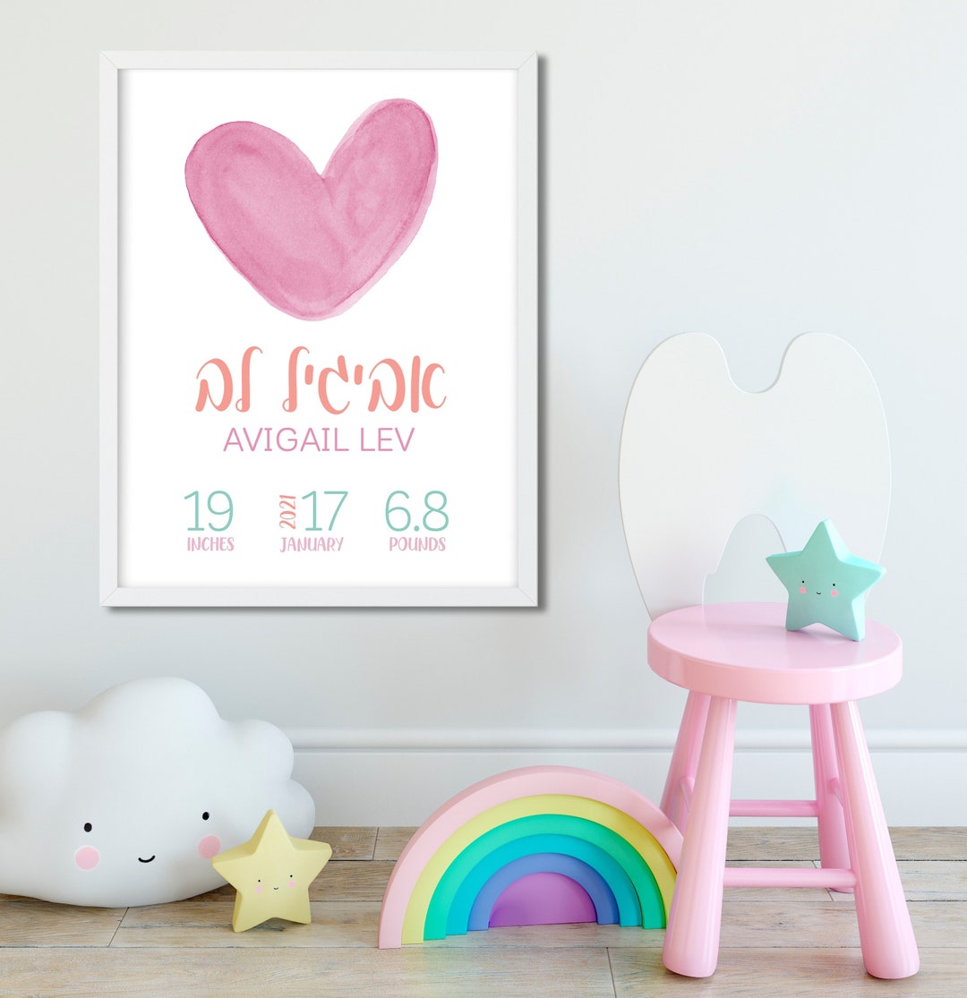 Girl's Hebrew Name Sign With Heart, Jewish Baby Girl Birth Stats ...