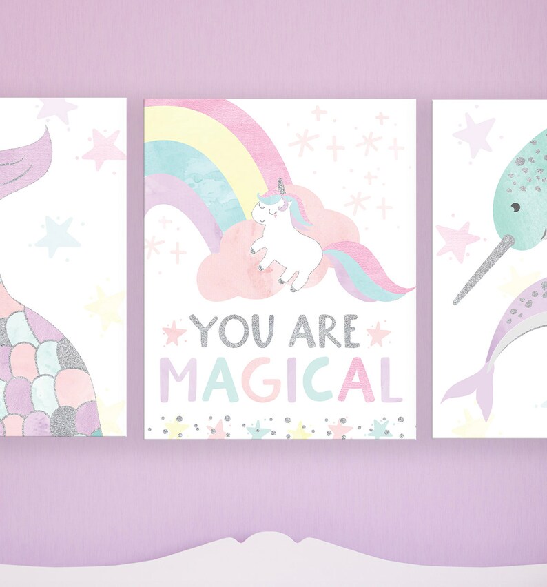 Girl's Mermaid Unicorn Narwhal Wall Art, Girl's Mermaid Prints, Narwhal ...