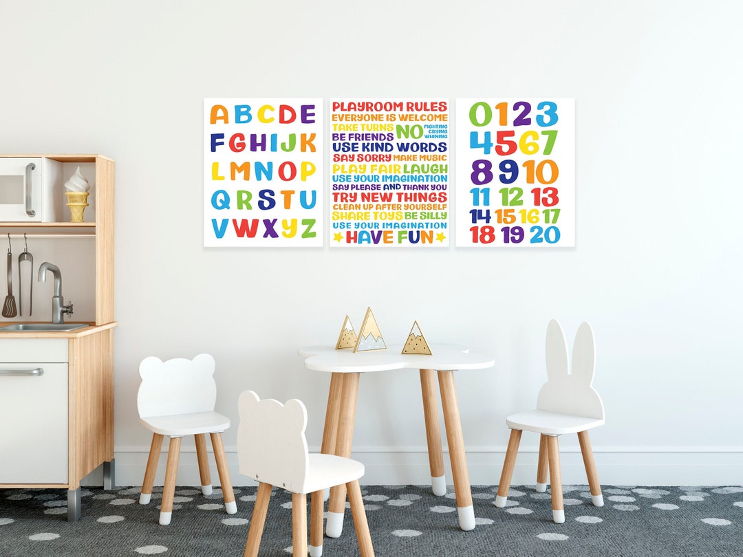 Rainbow Playroom Printable Art, Playroom Rules, Alphabet Numbers Prints ...