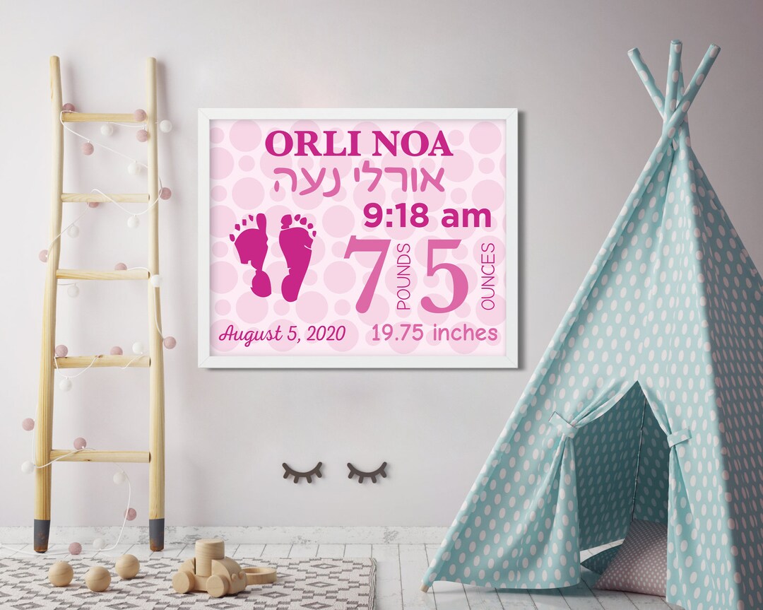 Hebrew Birth Stats Print, Jewish Baby Girl Gift, Brit Milah Gift ...