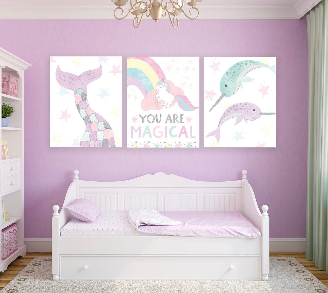Girl's Mermaid Unicorn Narwhal Wall Art, Girl's Mermaid Prints, Narwhal ...