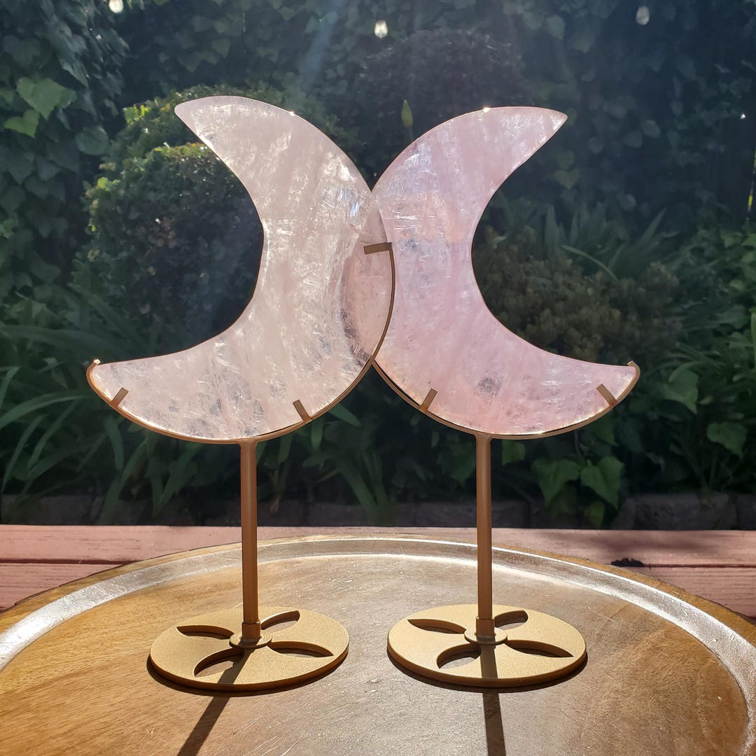 Big Rose Quartz Moon on Gold Stand - Unconditional Love, Compassion ...