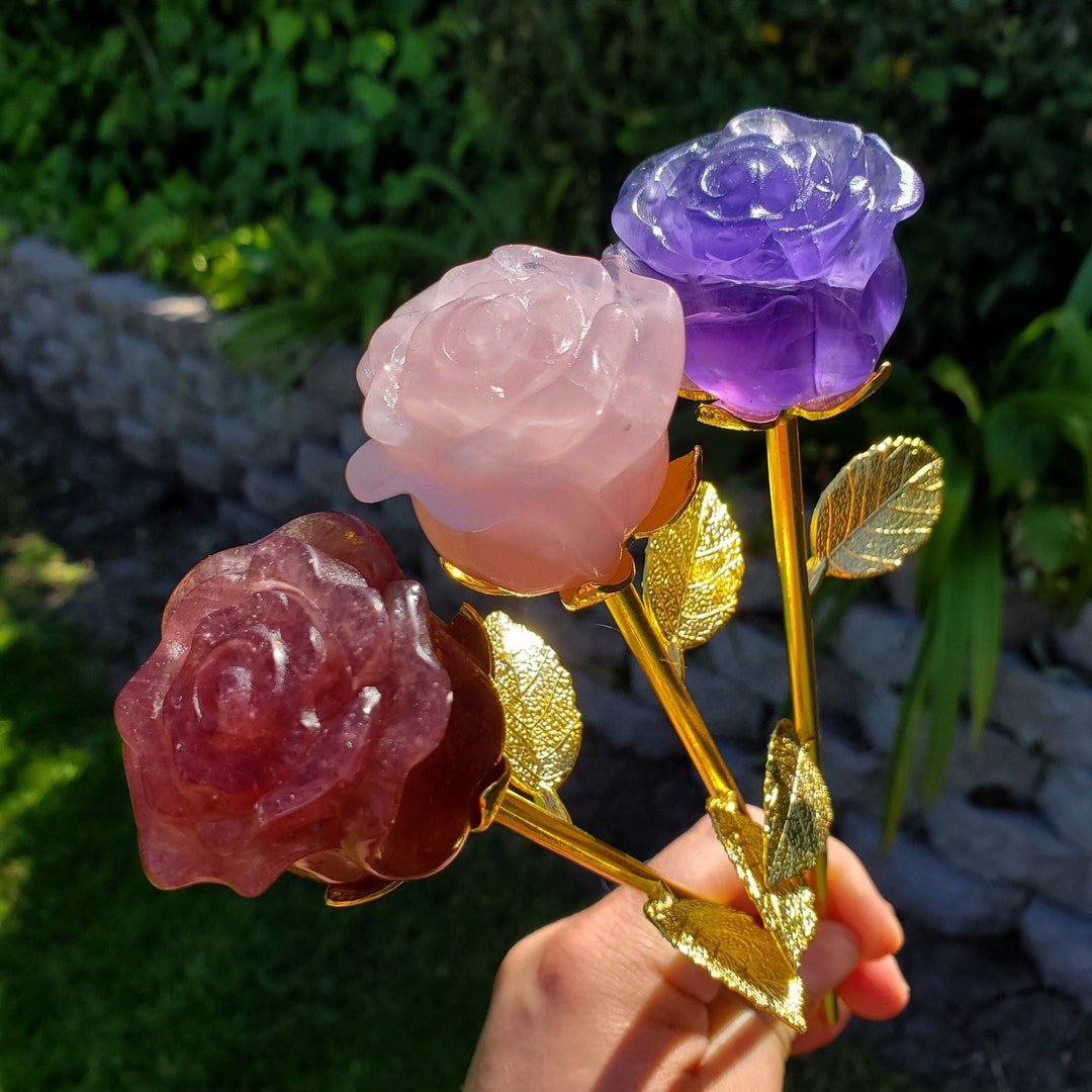 Crystal Long Stem Rose Trio Purple Fluorite, Rose Quartz & Strawberry ...