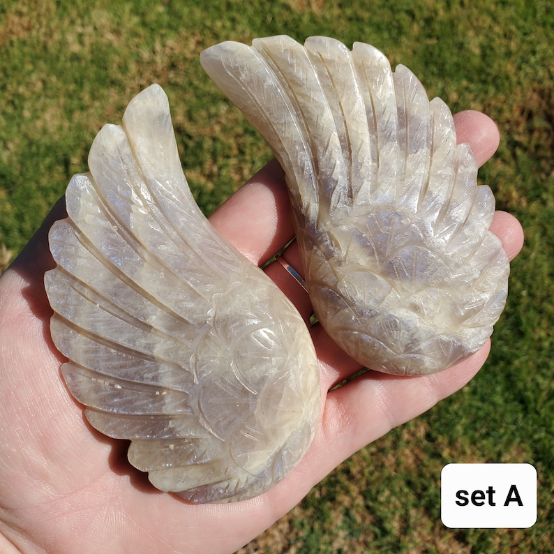 Moonstone Angel Wings With Gold Stand Uplifting Feminine - Etsy