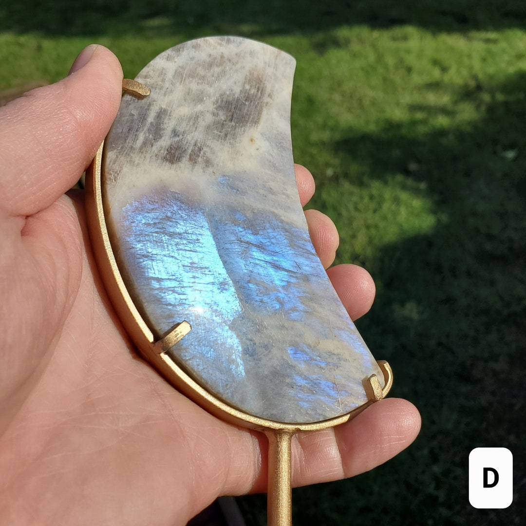 Gold & Blue Flashy Moonstone Moon on Stand - Uplifting, Raises ...