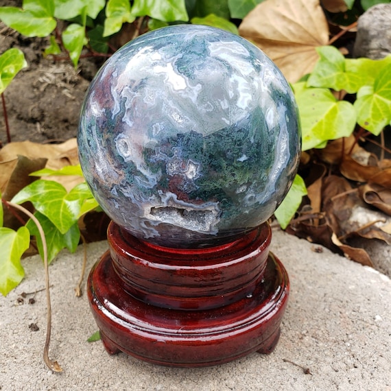 Big Moss Agate Sphere With Rotating Wood Stand Grounding - Etsy