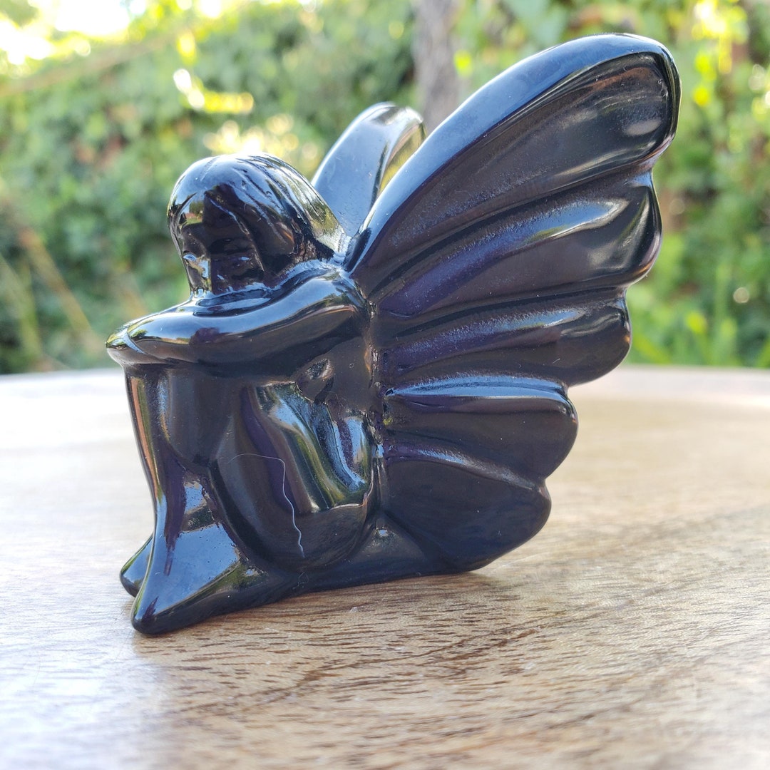 Obsidian Fairy Self Reflection, Release Negativity Carved Sitting Fairy ...