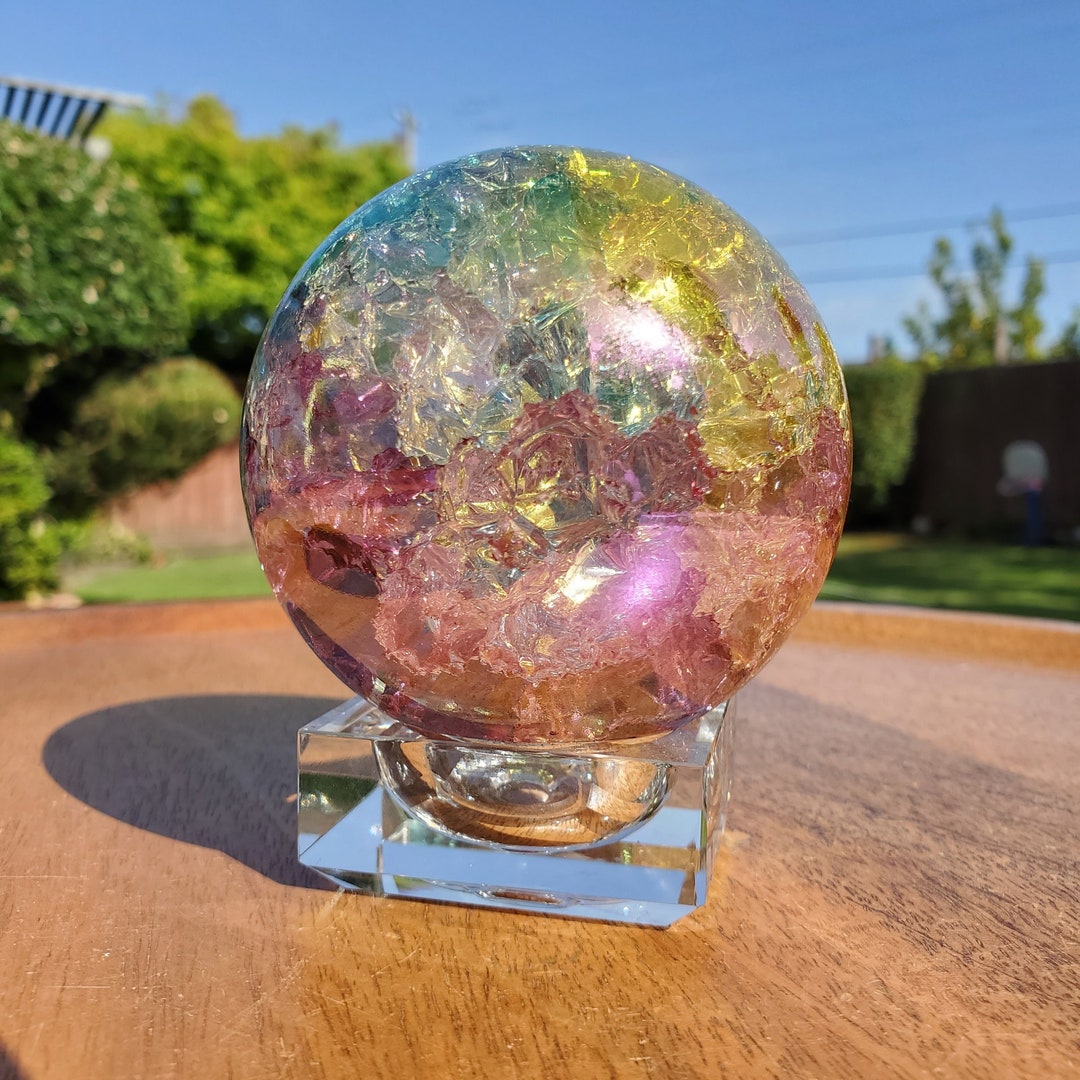Big Rainbow Aura Crackle Sphere Light Reflecting One of a Kind Crystal ...