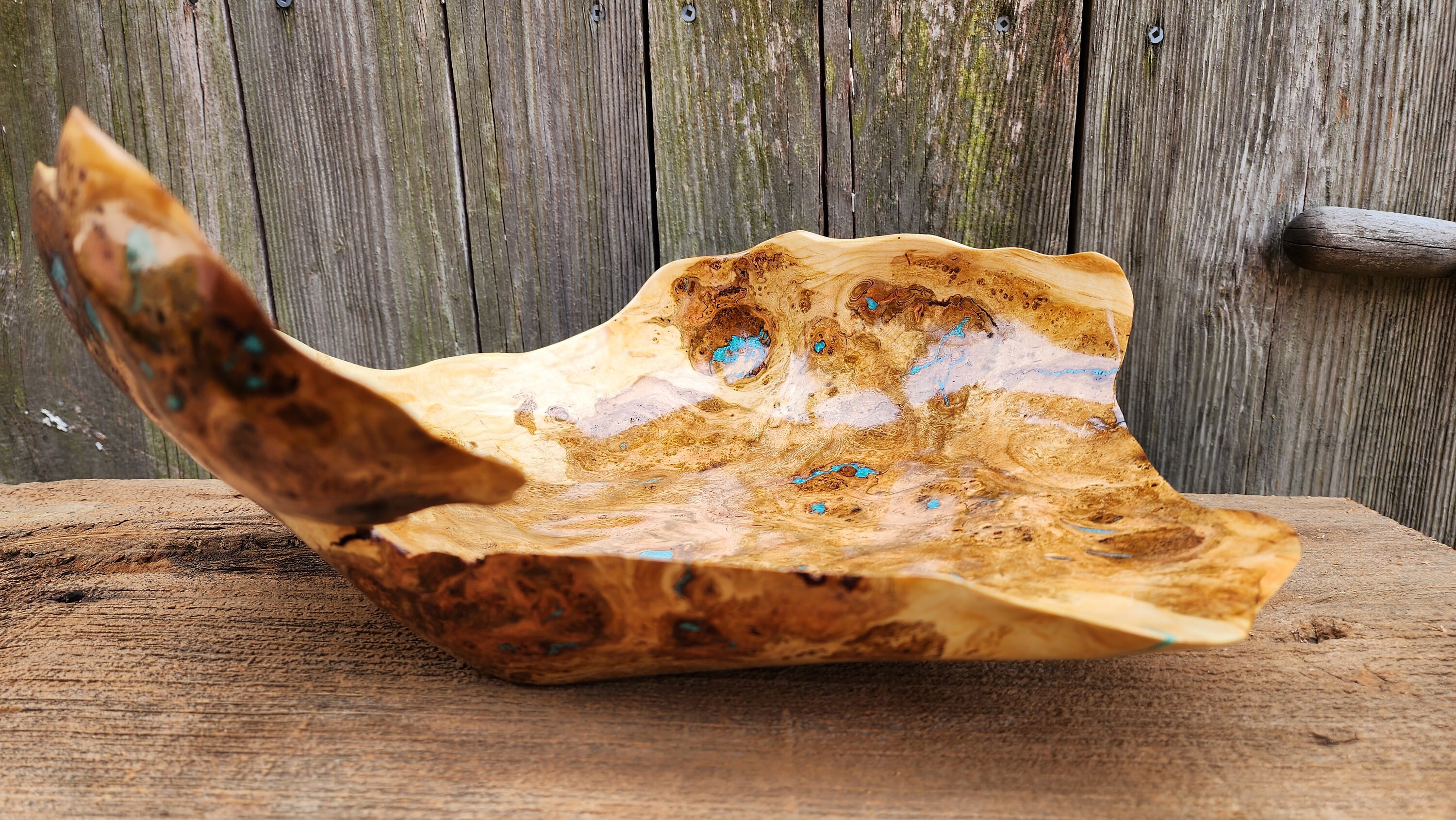 Cherry Burl Bowl With Arizona Kingman Turquoise Inlay, Unique Artistic Sculpture, Rustic ...