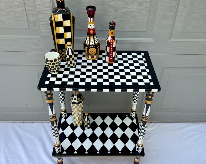 Whimsical Painted Table Black and White Checkerboard Design Harlequin ...