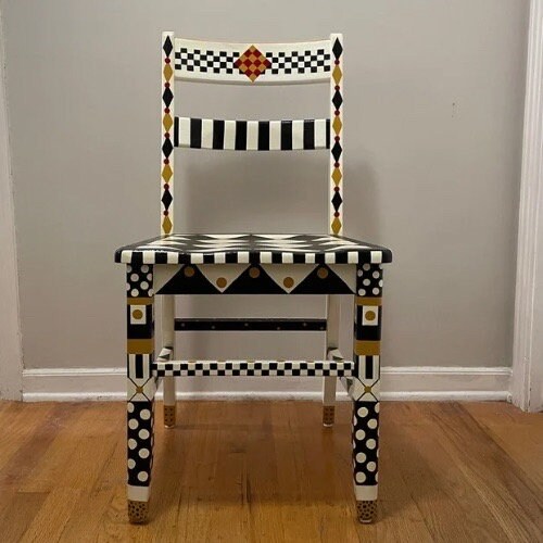 Whimsical Painted Desk Chair Black and White/cream Checkerboard Design ...