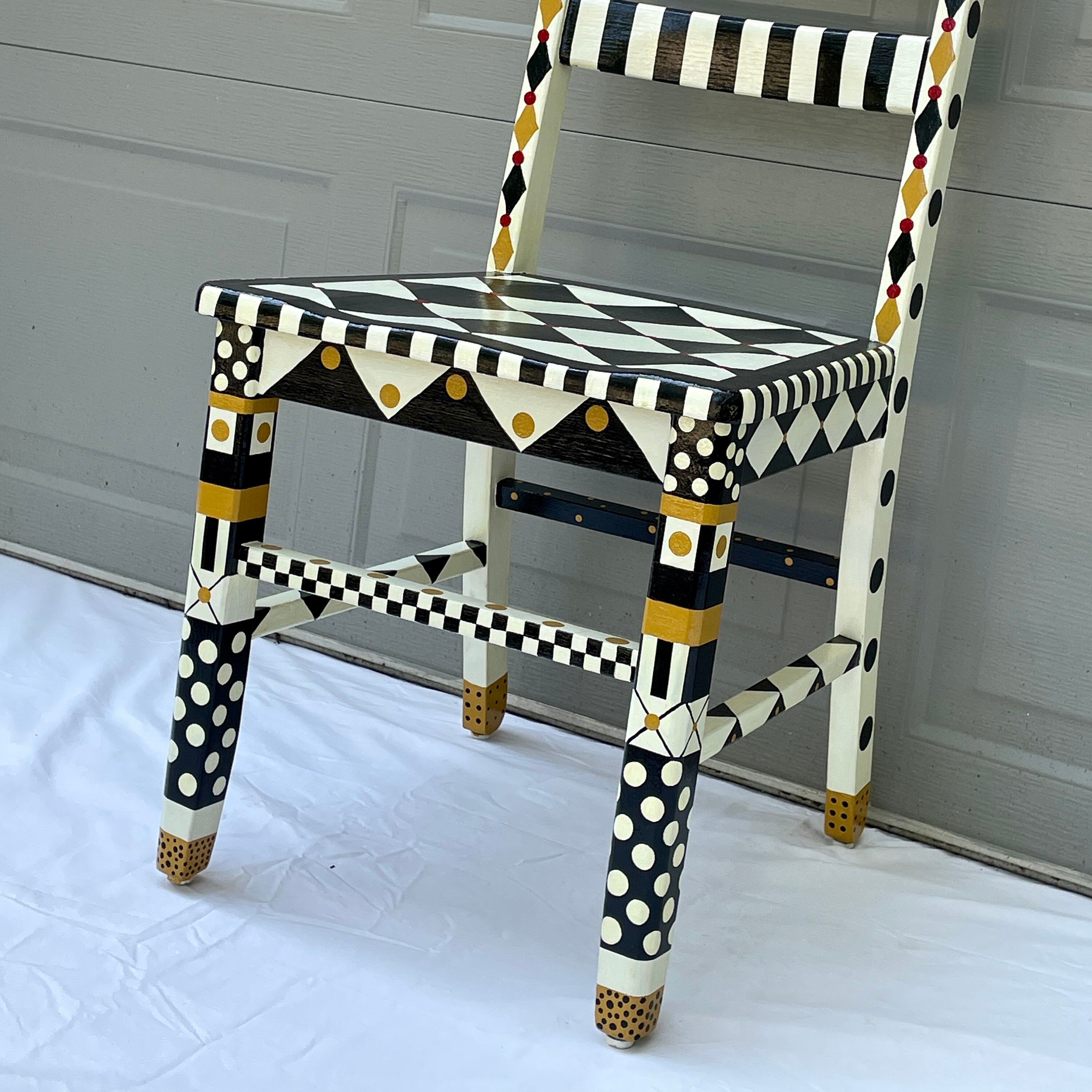 Whimsical Painted Desk Chair Black and White/cream Checkerboard Design ...