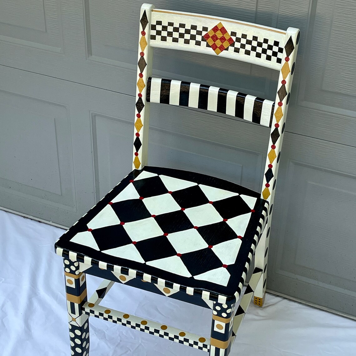 Whimsical Painted Desk Chair Black and White/cream Checkerboard Design ...