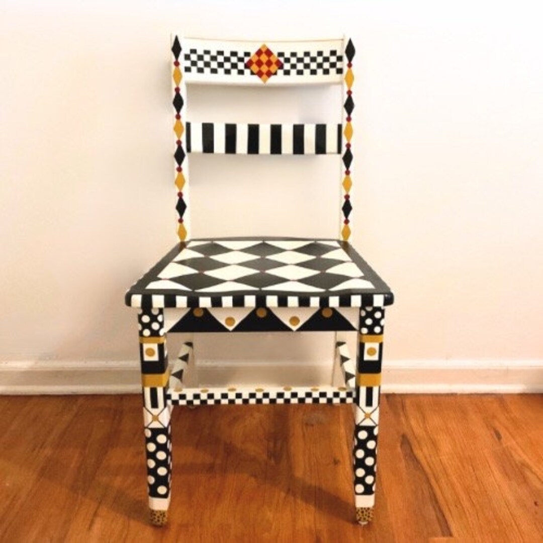 Whimsical Painted Desk Chair Black and White/cream Checkerboard Design ...