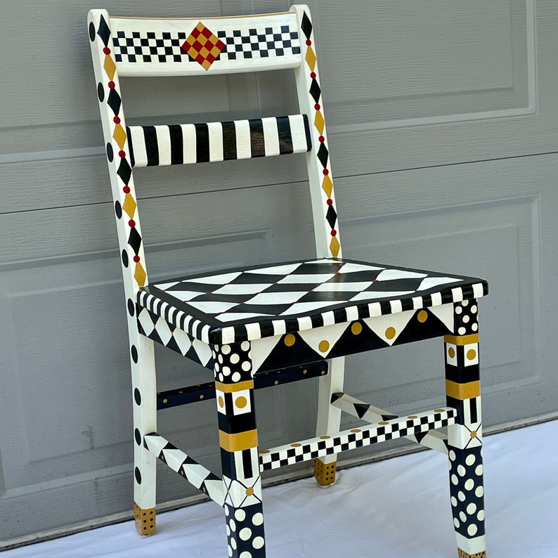 Whimsical Painted Desk Chair Black and White/cream Checkerboard Design ...