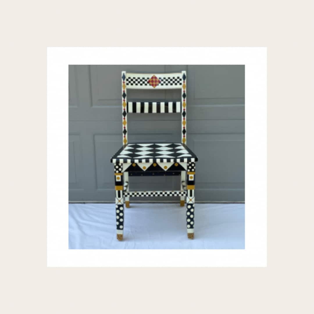 Whimsical Painted Desk Chair Black and White/cream Checkerboard Design ...