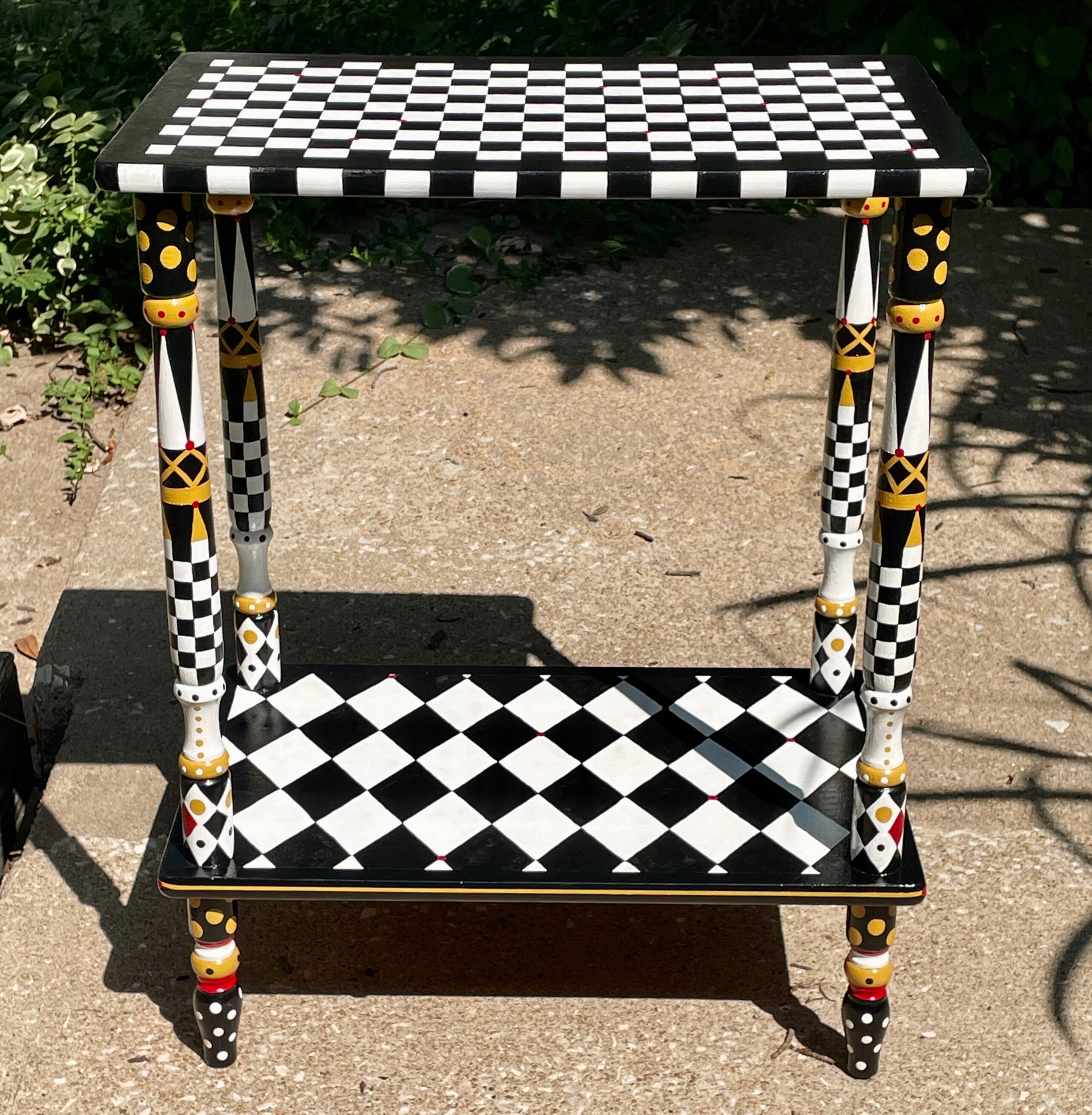 Whimsical Painted Table Black and White Checkerboard Design Harlequin ...