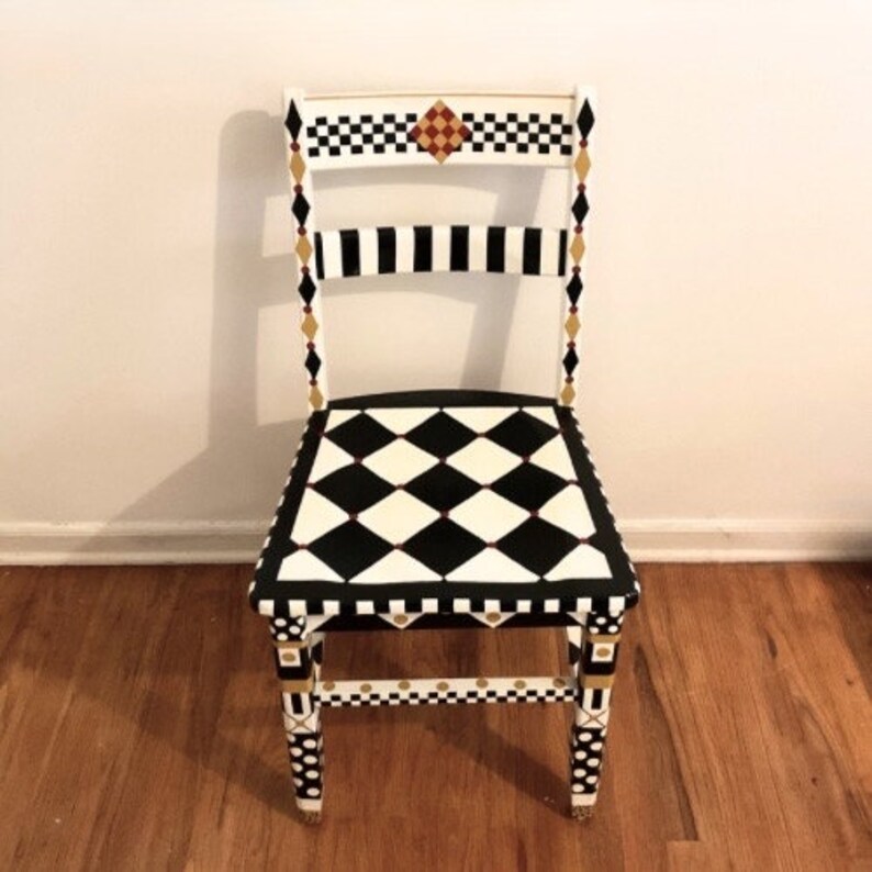 Whimsical Painted Desk Chair Black and White/cream Checkerboard Design ...
