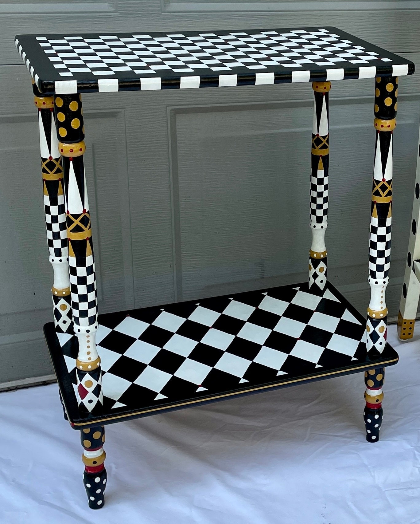 Whimsical Painted Table Black and White Checkerboard Design Harlequin ...