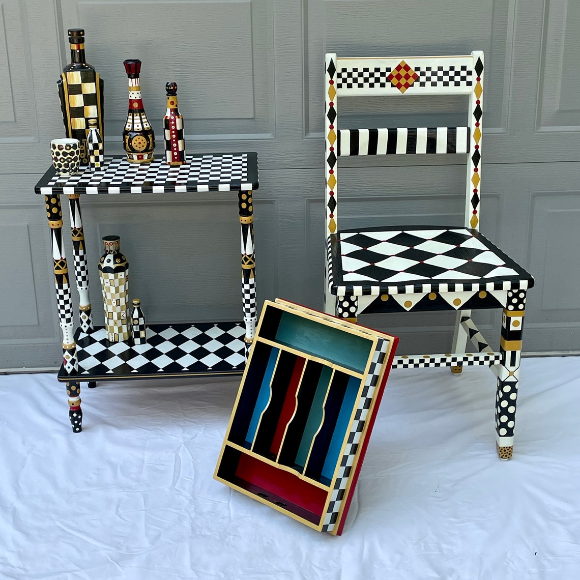 Whimsical Painted Desk Chair Black and White/cream Checkerboard Design ...