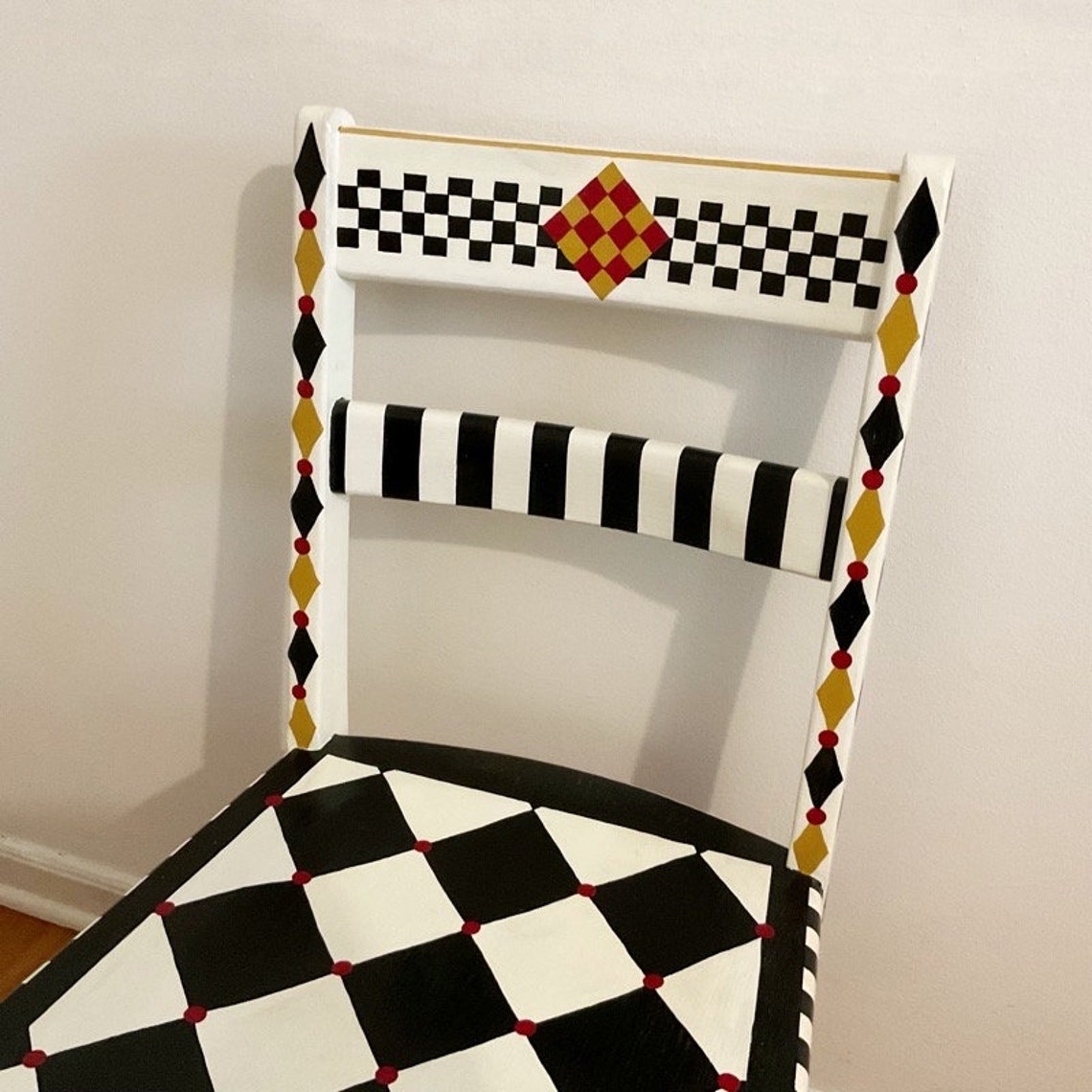 Whimsical Painted Desk Chair Black and White/cream Checkerboard Design ...