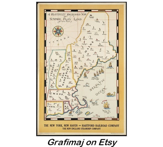 Instant Download Vintage Travel Poster New England Map | Etsy Canada