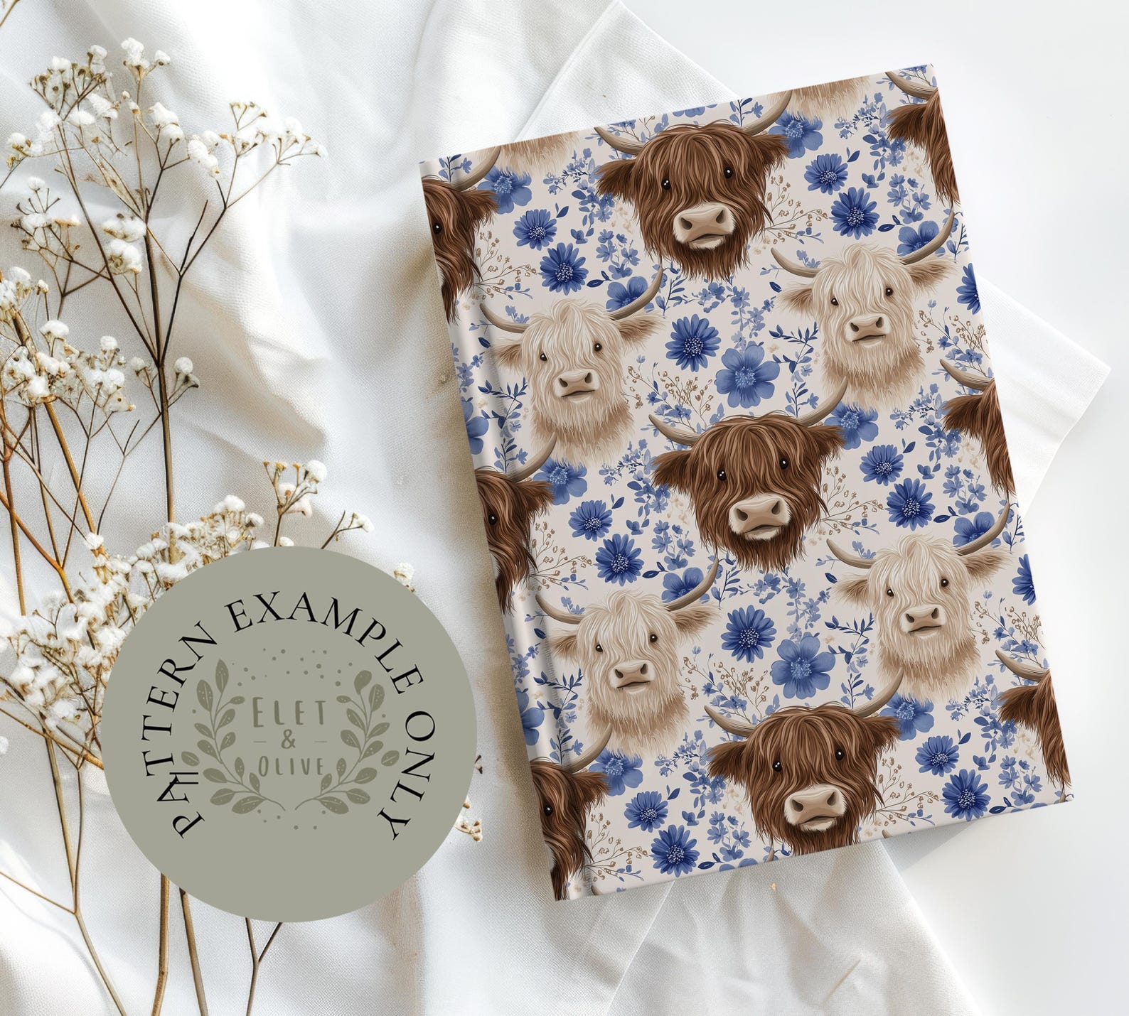 Highland Cow Seamless Pattern, DIGITAL DOWNLOAD, Blue Floral and ...