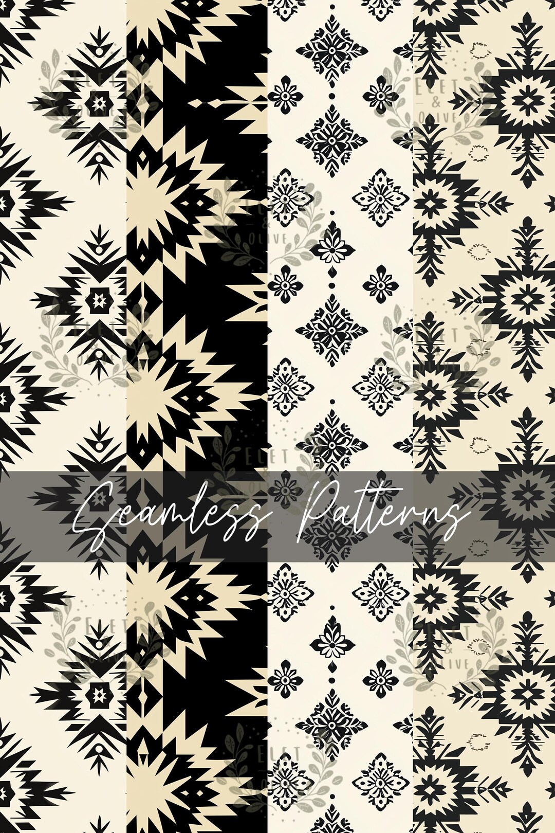 Seamless Patterns - Set of 4 Black and Cream Geometric - Digital ...