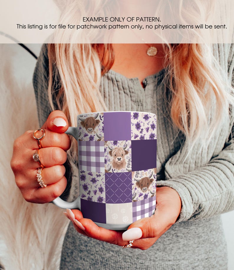 Highland Cow Patchwork Seamless Pattern, DIGITAL DOWNLOAD, Purple ...