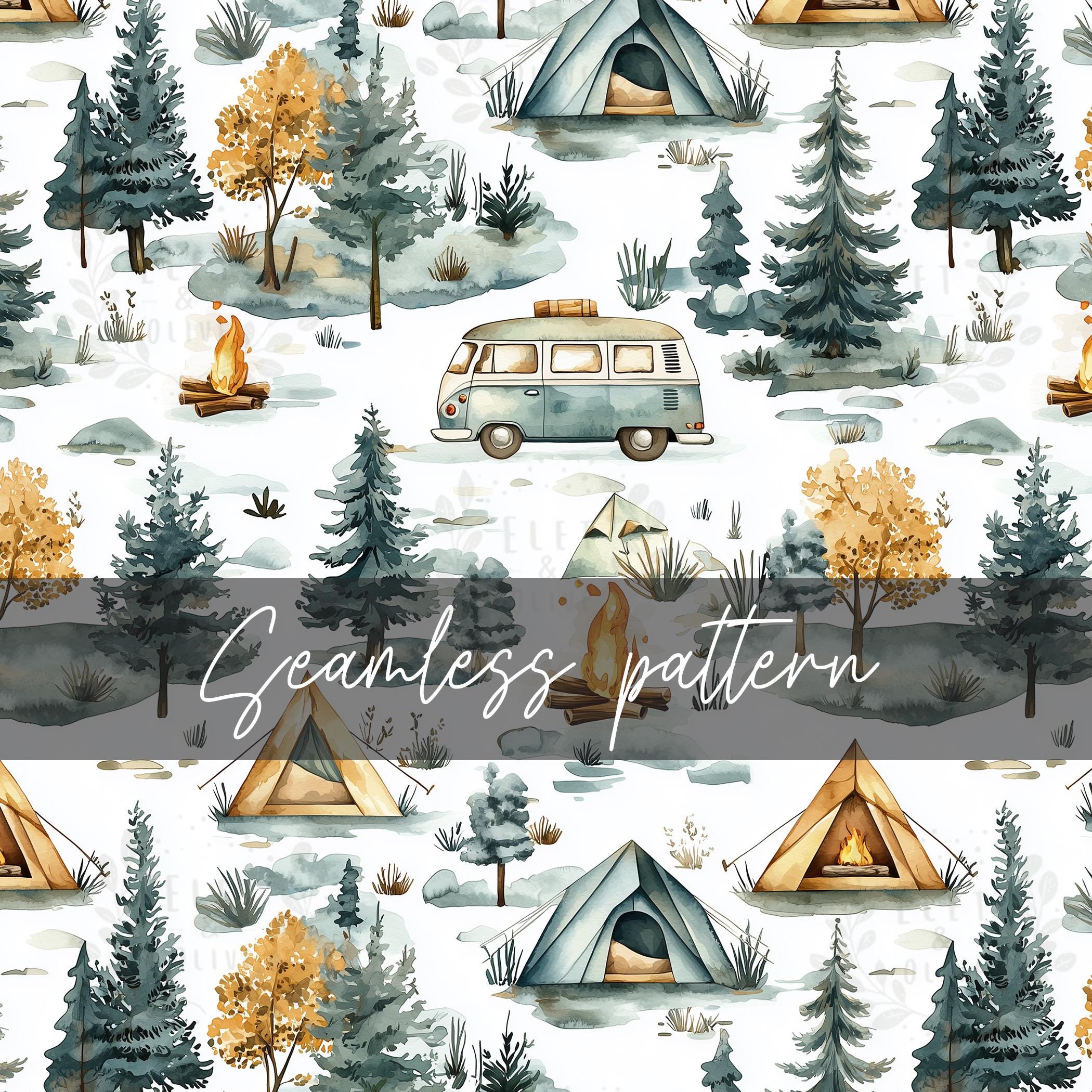 Camper Van Seamless Pattern - Camping Digital Paper, Outdoorsy Fabric ...