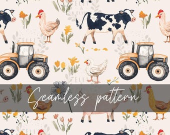 Farm Scene Seamless Pattern File - Cow, Pig, Chickens and Tractor ...