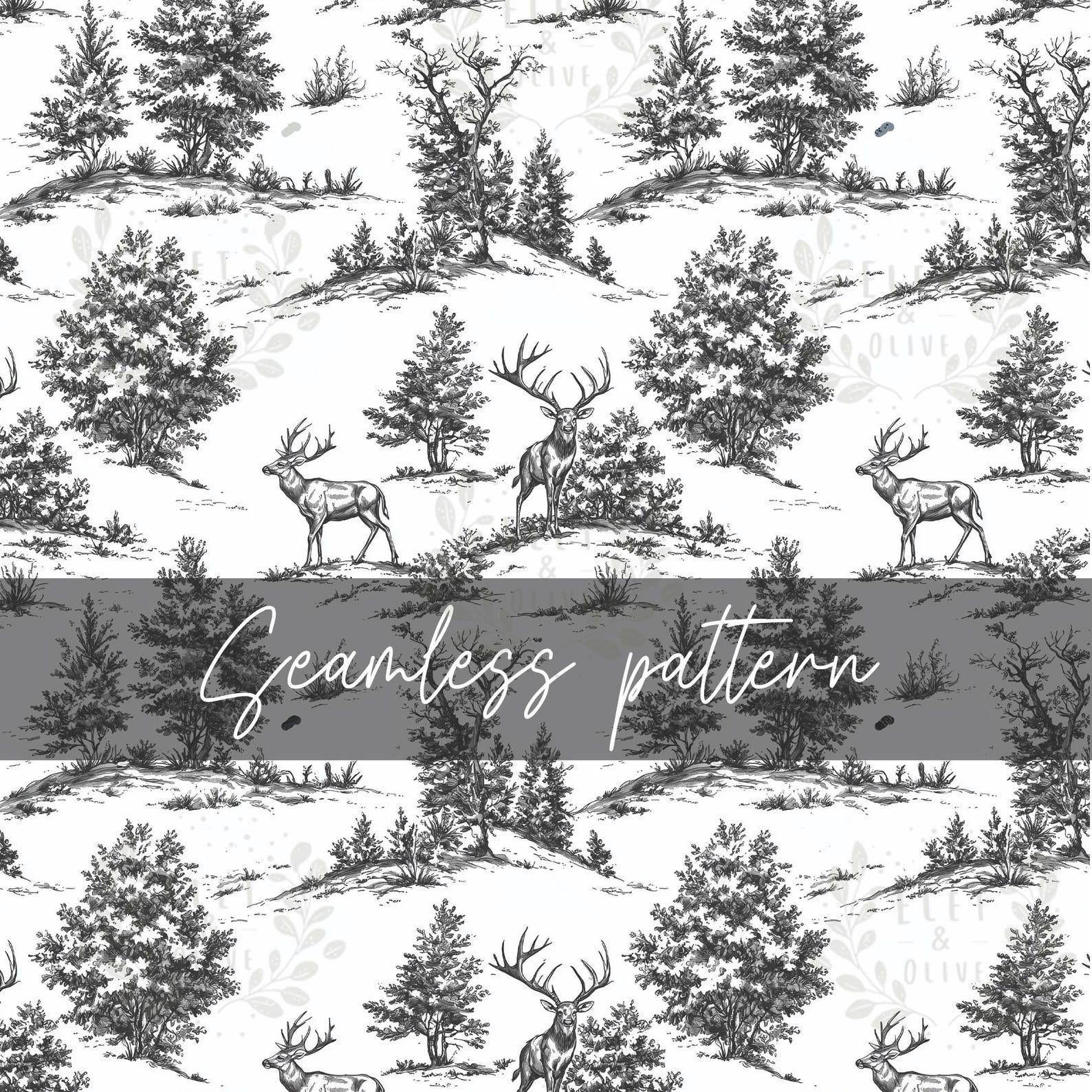 Woodland Deer Seamless Pattern – Black and White Hunting Toile, Rustic ...