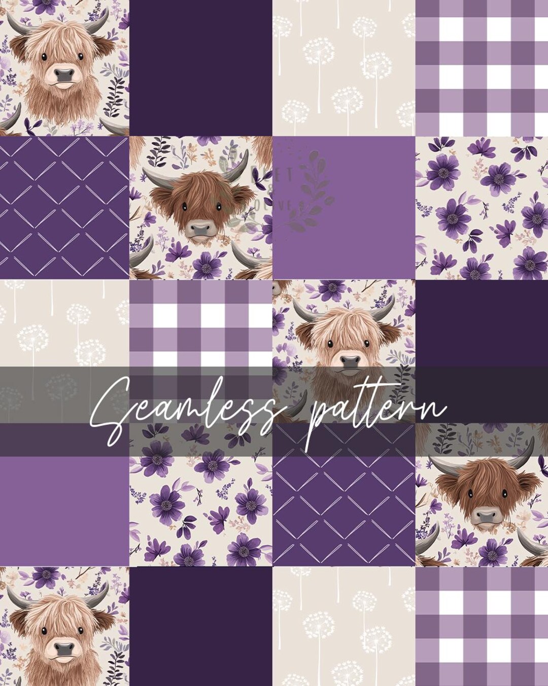 Highland Cow Patchwork Seamless Pattern, DIGITAL DOWNLOAD, Purple ...
