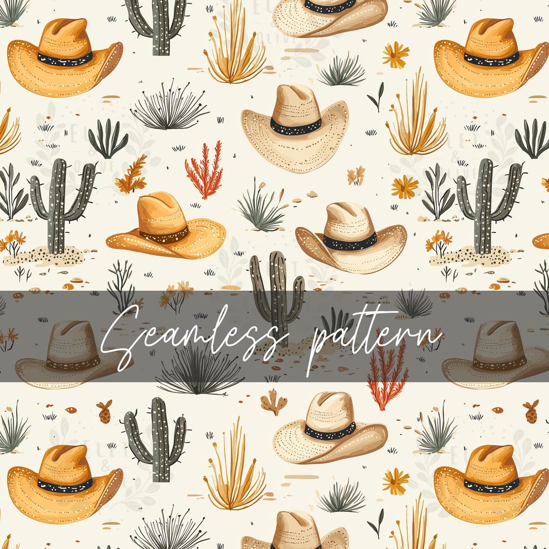 Western Seamless File Pattern, DIGITAL DOWNLOAD, Cowboy Hats and Cactus ...