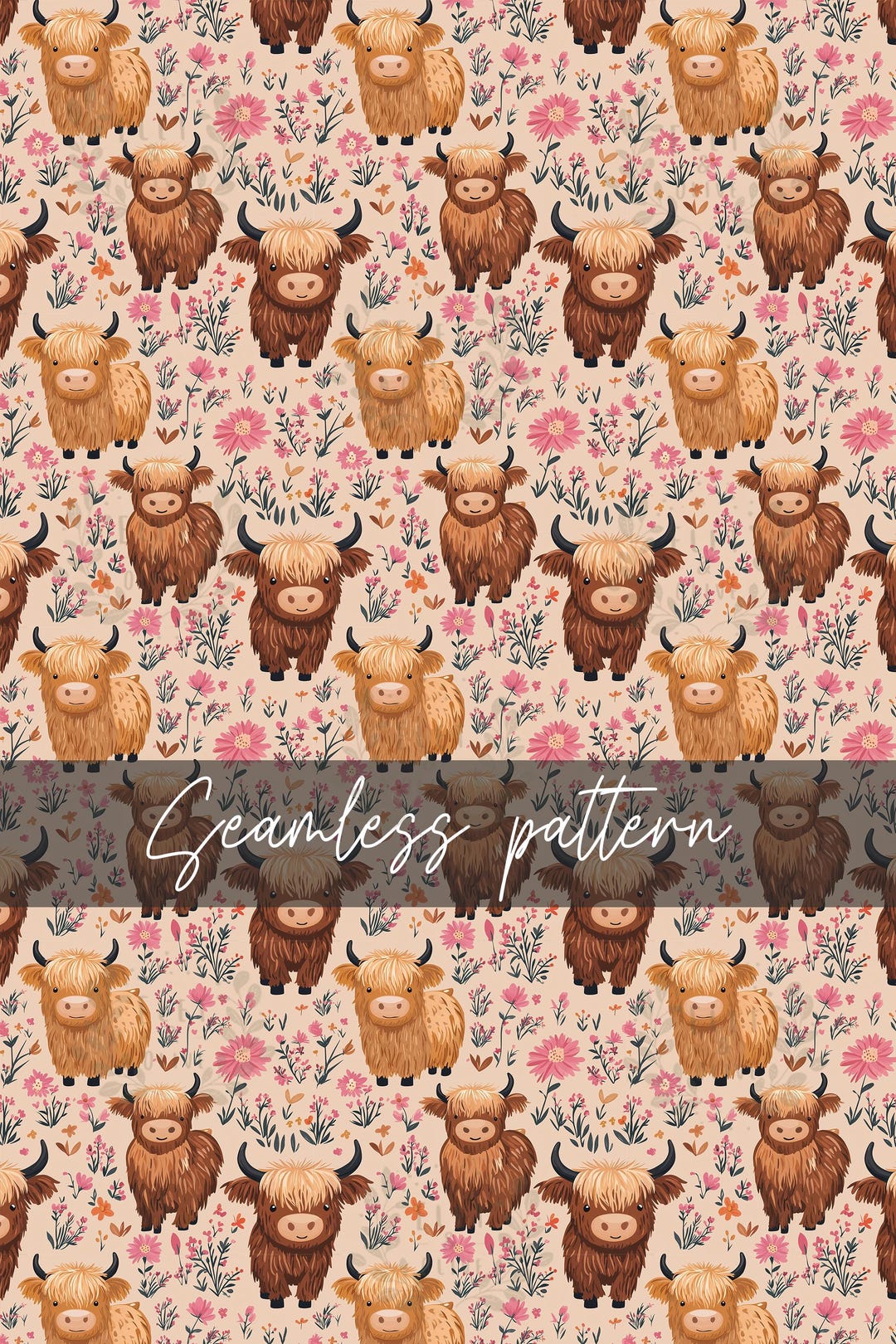 Highland Cow Seamless Pattern Digital Download | Floral Cow Digital ...