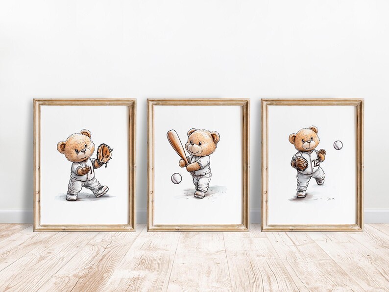 Baseball Prints Vintage Teddy Bears - Baseball Art for Nursery, DIGITAL ...