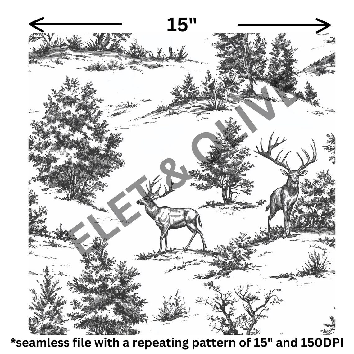 Woodland Deer Seamless Pattern – Black and White Hunting Toile, Rustic ...