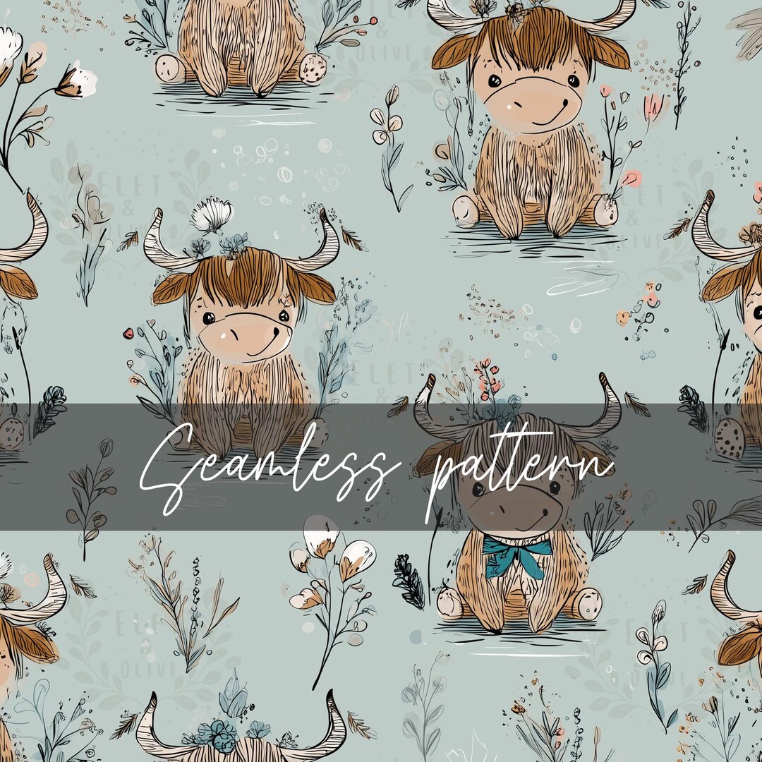 Highland Cow Seamless Pattern - Farm Theme Digital Paper, Kids Fabric ...