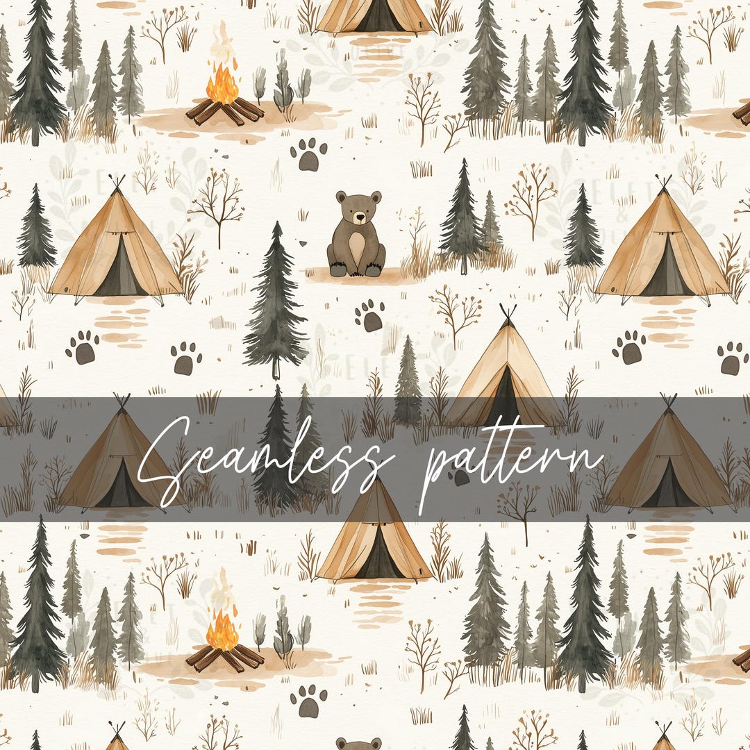 Camping Seamless Pattern - Bear Woodland Forest Digital Paper ...