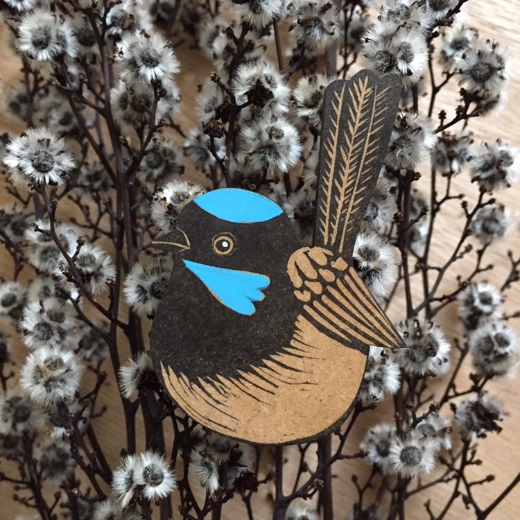 Superb Blue Wren Handmade Tasmania Print Bird Pigment Pin | Etsy