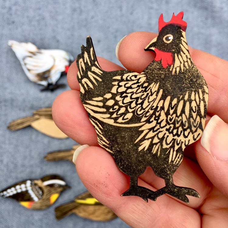 Black Hen Chicken Chook Bird Whimsical Hand Print Pigment Pin Brooch ...
